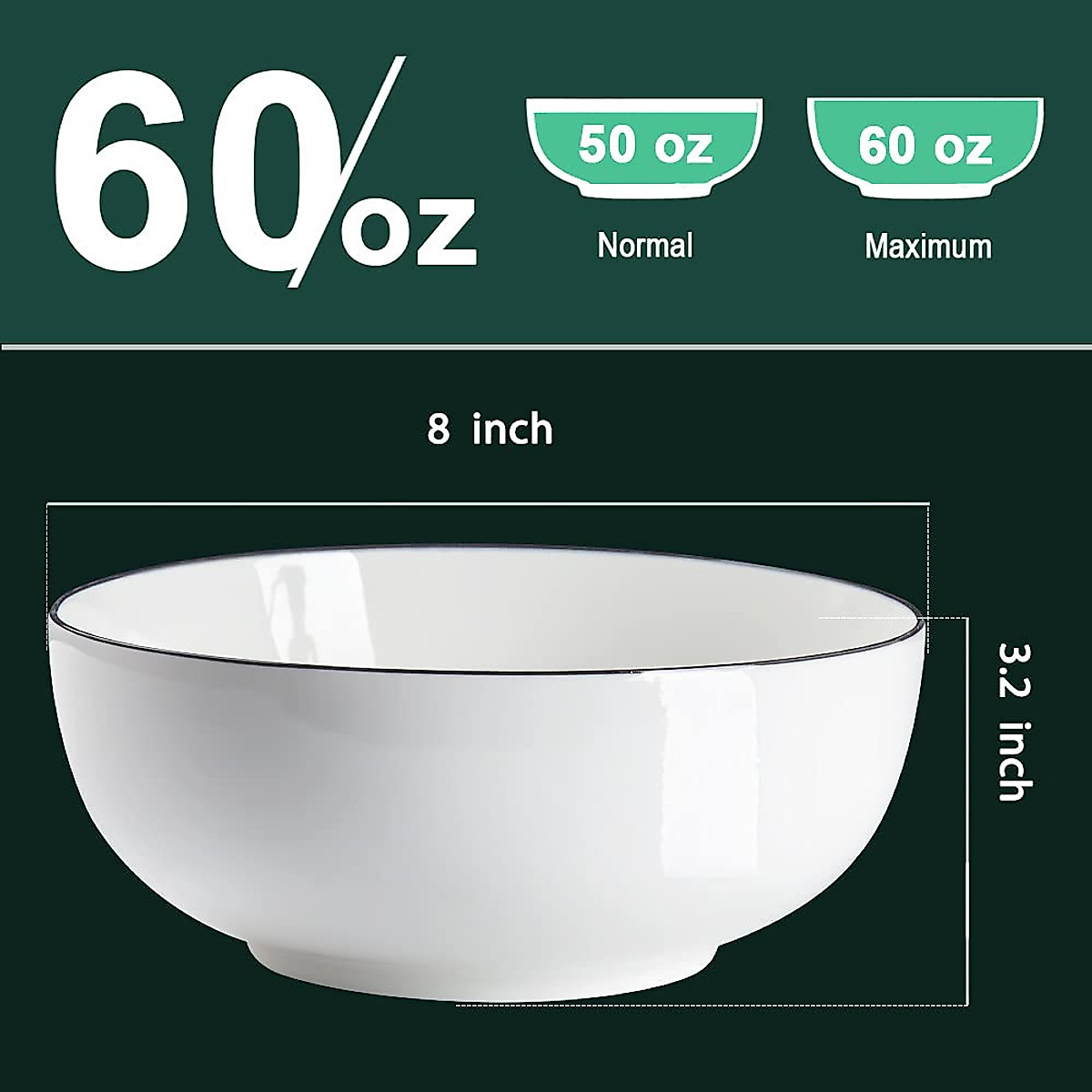 QINLANG 60 Ounces Large Soup Bowl, 8 Inches Pho Bowls, Large Ramen Bowls Set of 3, Off-White Porcelain Big Serving Bowls for Salad and Kitchen