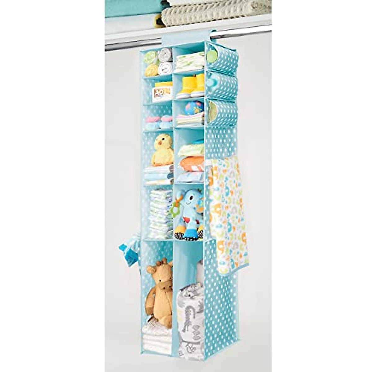 mDesign Long Soft Fabric Over Closet Rod Hanging Storage Organizer with 12 Divided Shelves, Side Pockets for Child/Kids Room or Nursery, Store Diapers, Wipes, Lotions, Toys - 2 Pack - Light Blue/White