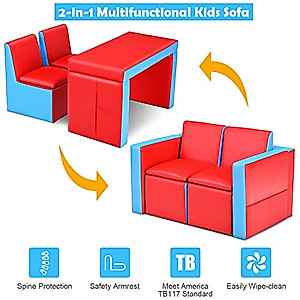 Costzon Kids Couch, 2 in 1 Double Seat Children's Sofa Convert to Table and Two Chairs for School, Storage Space, PVC Surface, Large Soft Kids Preschool Sofa Couch for Boys Girls Gifts (Red)