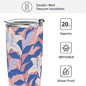 Large White Lily Flowers Blue Leaves Stainless Steel mugs for hot and cold with Straw Leak Resistant Flip coffee mug insulated for gym reusable tumblers with lids and straws 20 OZ