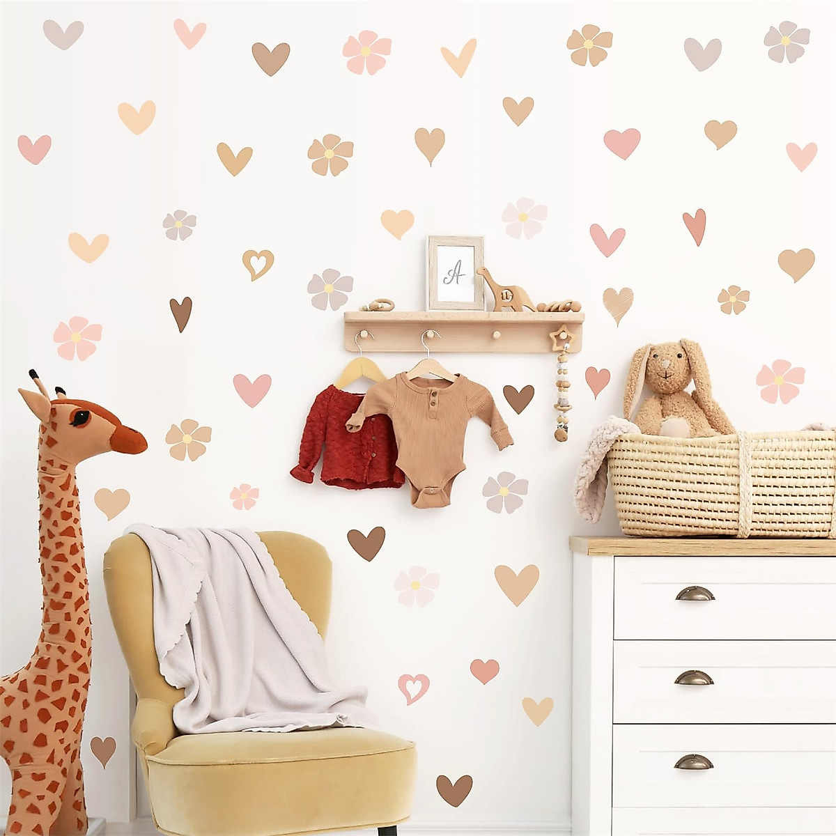 Colorful Flowers Wall Decals Boho Wall Stickers Pastel Hearts Wall Art Stickers Girls Bedroom Decor Pink Floral Decals Peel and Stick Heart Vinyl Murals Wallpaper for Kids Baby Room Nursery Decoration