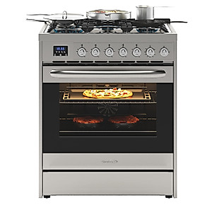 KoolMore KM-FR30G-SS 30” Inch Professional Gas Range Stove with 5 Burner Cooktop, Rapid Convection Oven, and Digital Timer with Heavy-Duty Cast Iron Grates, Stainless-Steel Appliance, 30 Inch, Silver