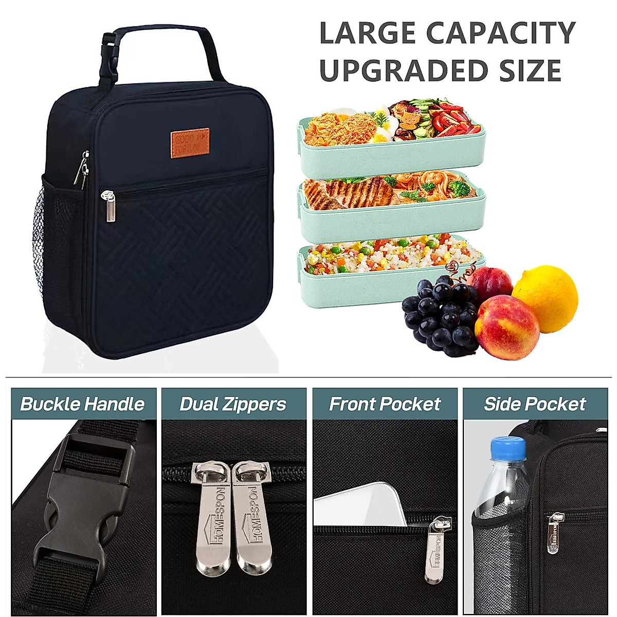 KITNOBLIS Lunch Box Insulated Lunch Bag Durable Small Lunch Bag Reusable Adults Tote Bag Lunch Box for Adult Men Women (BLACK)