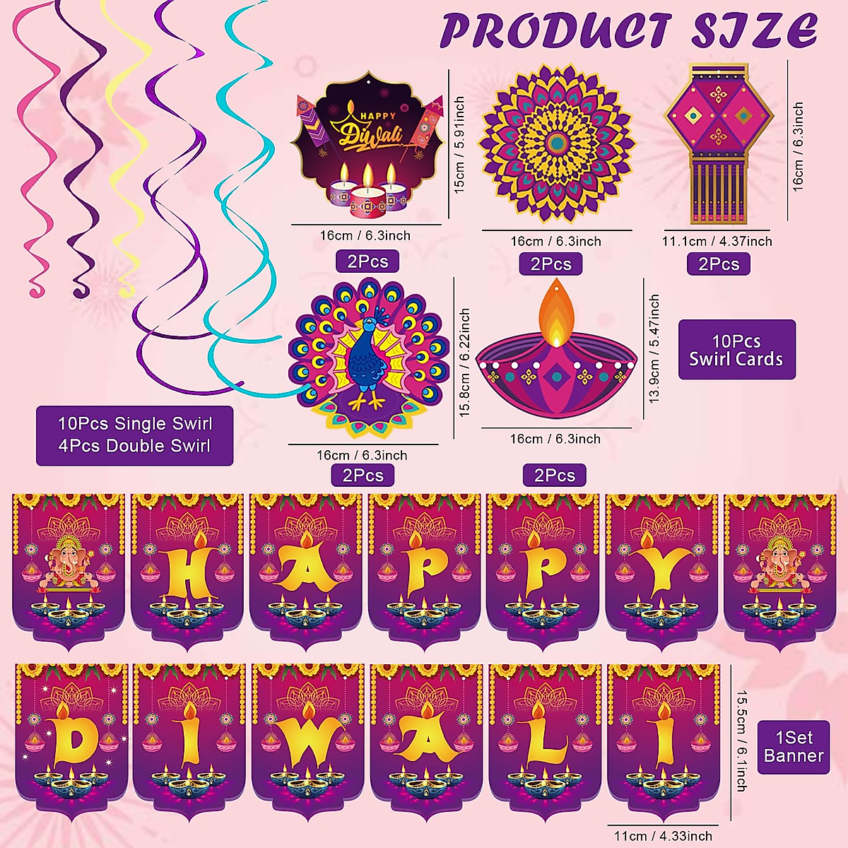 Diwali Decorations, Happy Diwali Banner Decorations for Home, Festival of Lights Party Decor Items, Deepavali Hanging Swirls Garland Indian Decorations for Pooja Puja Wedding Diwali