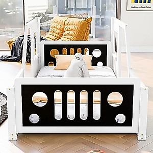 Aiuyesuo Twin Size Classic Car-Shaped Platform Bed with 2 Wheels and Headboard, Wooden Platform Bed Frame with 2 Doors and Windows for Kids Boys Girls, Wheels Shape, Space Saving (White-TK)