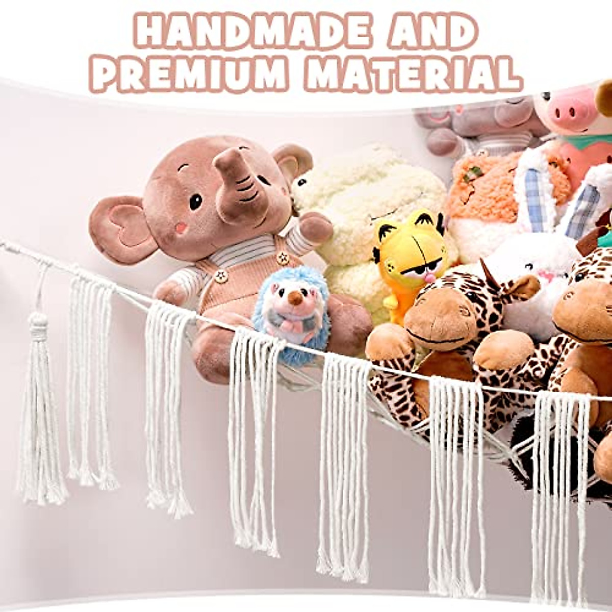 2 Pack Stuffed Animal Toy Hammock Net Macrame Boho Toy Hammock Hanging Stuff Animals Storage Organizer Large Stuffed Toys Corner Mesh Hammock with Hooks and Screw for Nursery Play Bedroom Kid Room
