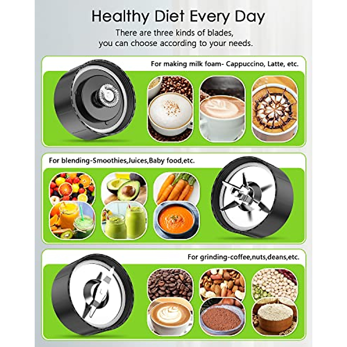 Blender, Upgrade Bullet Blender for Shakes and Smoothies,850 Watt 12 PCS Airpher Portable Blender Set for Kitchen with Milk Frother, 6-Edge Blade, Blade Grinder, 2*24 Oz & 10 Oz To-Go Cup, BPA Free