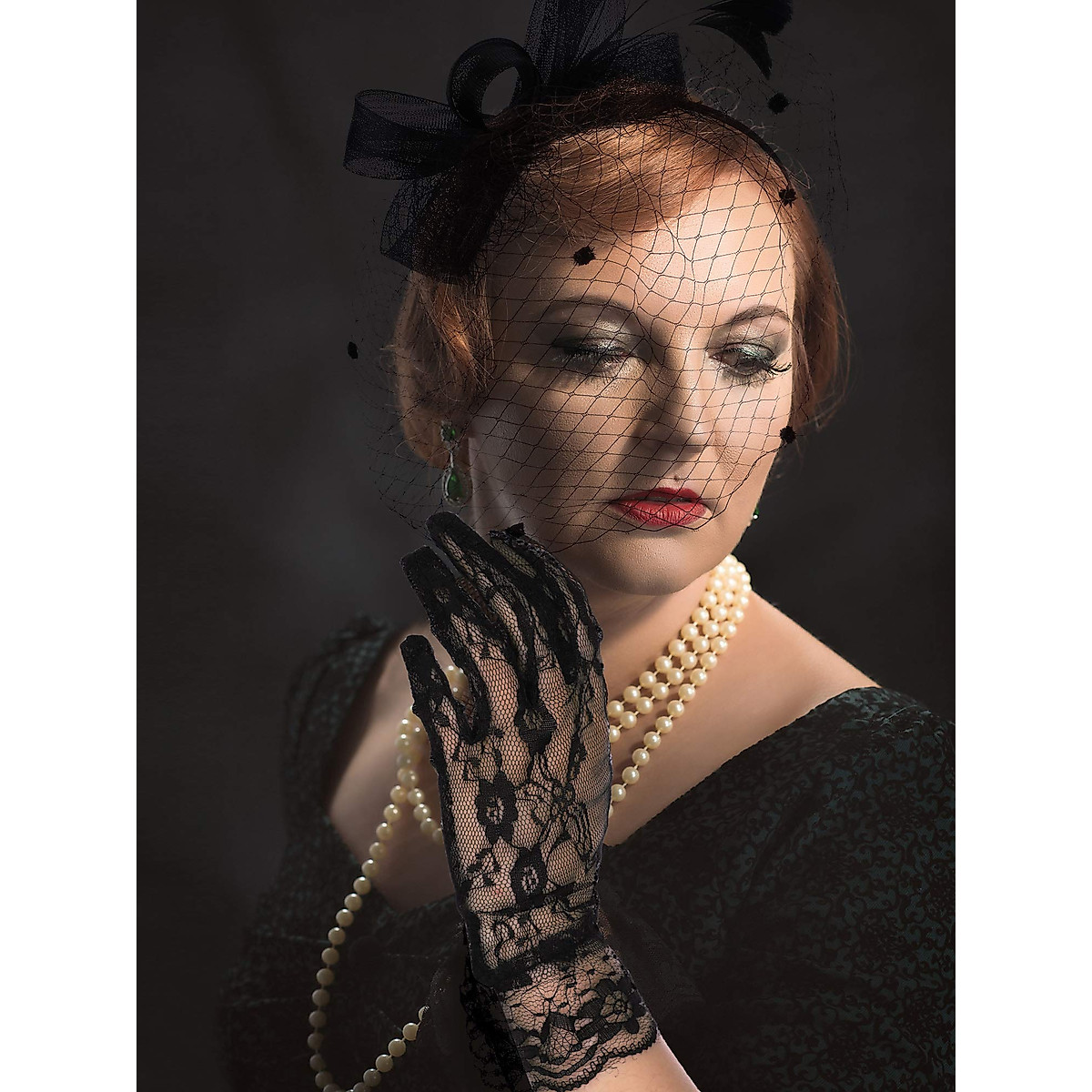 Boao Bowknot Fascinator Hat Tea Party Hat Feathers Veil Mesh Headband and Short Lace Gloves Floral Lace Gloves(Black, Adult)