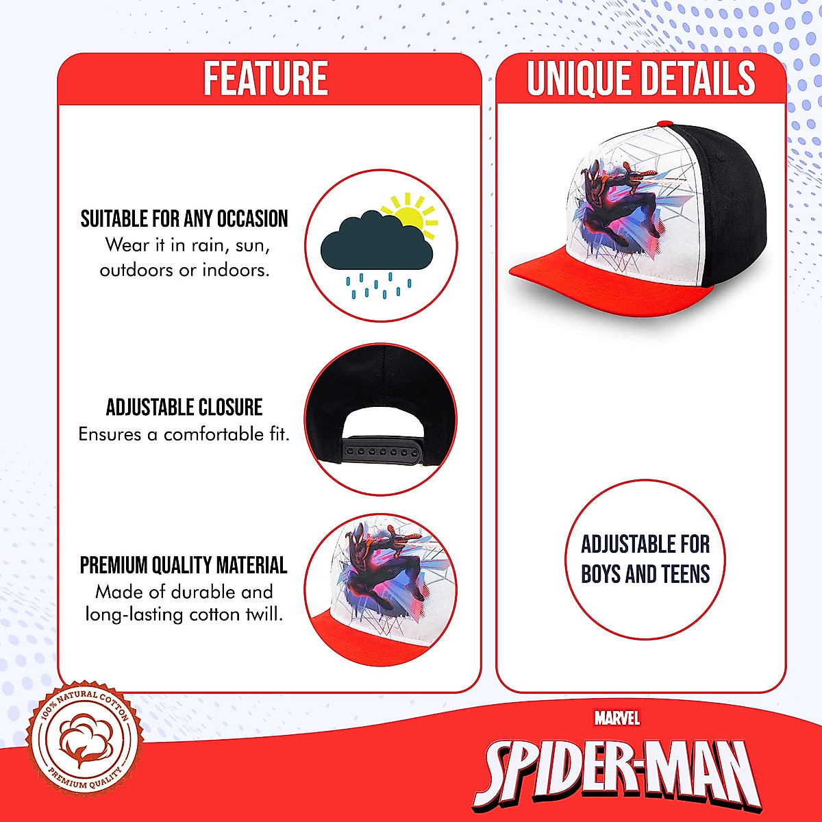 Marvel Spiderman Baseball Cap for Boys, Boys Hat and Fitted Cap, Flatbrim Baseball Spiderman Hat in Red Design