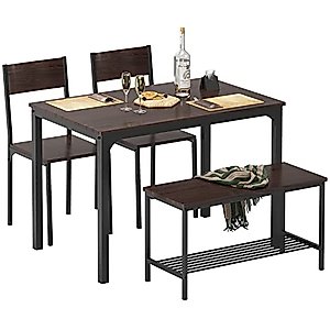 sogesfurniture 4 Piece Dining Table Set, Dining Room Set, Kitchen Dinner Table with Benches for 4, Includes Table, 2 Chairs & Bench, Brown