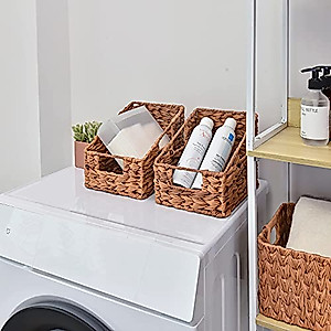 GRANNY SAYS Wicker Storage Baskets for Shelves, Trapezoid Woven Basket with Handles, Waterproof Storage Wicker Baskets for Organizing Pantry Kitchen Cabinet, Caramel Orange, 2-Pack