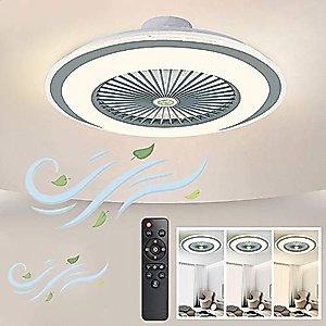 IYUNXI Ceiling Fan with Lights Oversize 24'' Remote Control 40W Ultra-Thin Design Enclosed Round LED 3-Color Dimmable Fan Light with 5 Invisible Blades Low Profile Flush Mount 3-Gear Wind Smart Timing