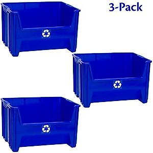 READYSPACE Commercial Industrial Heavy Duty Stackable Open-Front Recycling Bin Box Containers, 12.5 Gallon, 3 Pack, Blue