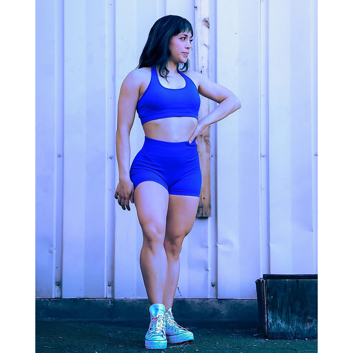 SUUKSESS Women Two Piece Seamless Ribbed Workout Sets Outfits Backless Halter Sports Bra Booty Biker Shorts (Royal Blue, M)