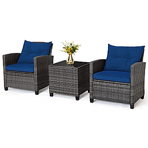 RELAX4LIFE Wicker Patio Furniture Sets - 3 Pieces Patio Rattan Sofa Set, Outdoor Conversation Set with Tempered Glass Tabletop, Heavy-Duty Steel Frame, Wicker Chair Set for Poolside, Backyard, Navy