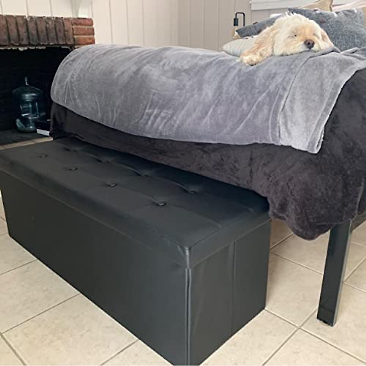 KEYWORD FAMILY 43 in Folding Leather Storage Ottoman Bench, Rectangular Black Footrest， Foam Pouf Tray Footstool with Storage, for Living Room, Bedroom& Hallway