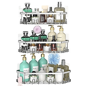 STEUGO Corner Shower Caddy, Shower Organizer Corner Shower Shelf with 12 Hooks,3-Pack Adhesive Stainless Steel Shower Shelves for Bathroom Storage，No Drilling Wall Mounted Shower Rack (Silver)