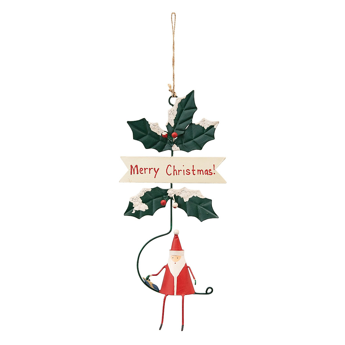 Creative Co-Op 5" L x 2" W x 11" H Hand-Painted Tin Santa on Branch w/Banner Merry Christmas Metal Ornaments, Multi