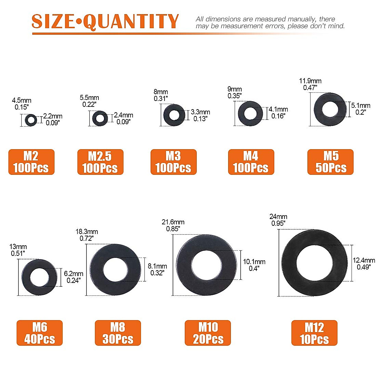 Rustark 550-Pcs [9 Sizes] Black Zinc Plated Alloy Steel Flat Washers Set Hardware Assortment Kit - M2 M2.5 M3 M4 M5 M6 M8 M10 M12