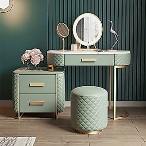 Luxury Dressing Table with Microfibre Leather Wrapped, Modern Makeup Vanity Desk with 3 Solid Wood Drawers, Vanity Set with Rock Plate Tabletop, Side Cabinet, Mirror and Lights, Stool-39.4in/Green