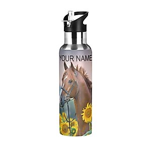 ALAZA Custom Sunflower Horse Water Bottle with Name for Kids Girls with Straw Personalized Insulated Stainless Steel Water Flask Thermos for School Sport 20 Ounce