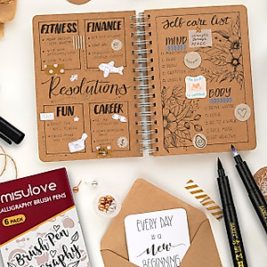 MISULOVE Hand Lettering Pens, Calligraphy Pens, Brush Markers Set, Soft and Hard Tip, Black Ink Refillable - 4 Size(6 Pack) for Beginners Writing, Art Drawings, Water Color Illustrations, Journaling