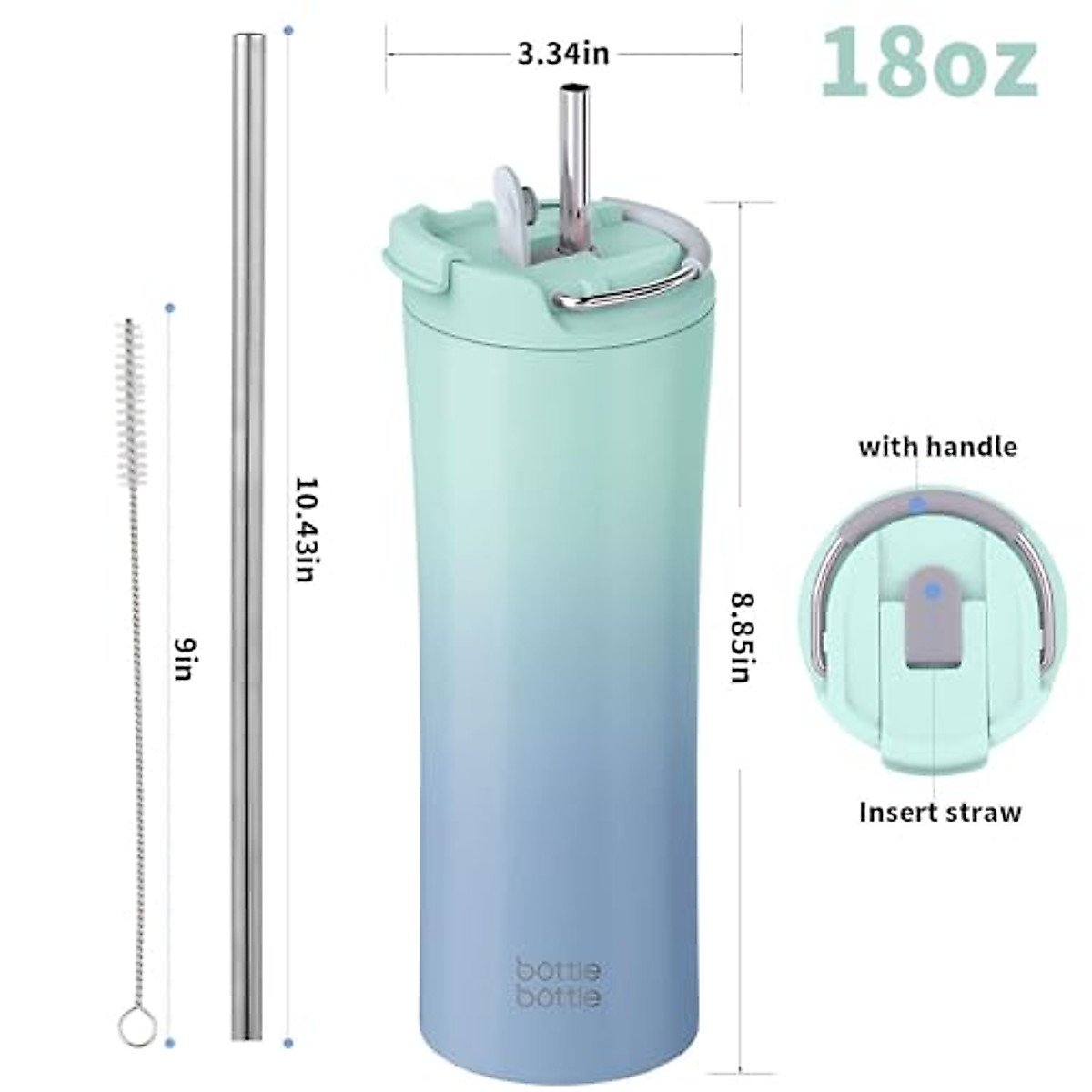 BOTTLE BOTTLE Insulated Coffee Tumblers with Dual-use Lid and Straw Double Walled Iced Travel Coffee Mug for Woman and Man 18 oz Stainless Steel Tumbler with Handle(Green Blue)