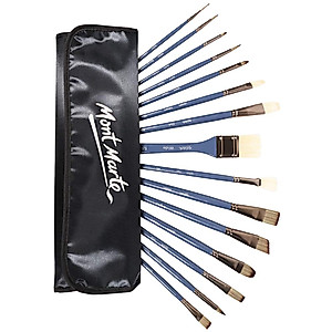 Mont Marte Premium Paint Brush Set 15 Piece, includes 15 Different Brushes in a Roll Case with Magnetic Closure, Suitable for Watercolour, Acrylic and Oil Painting