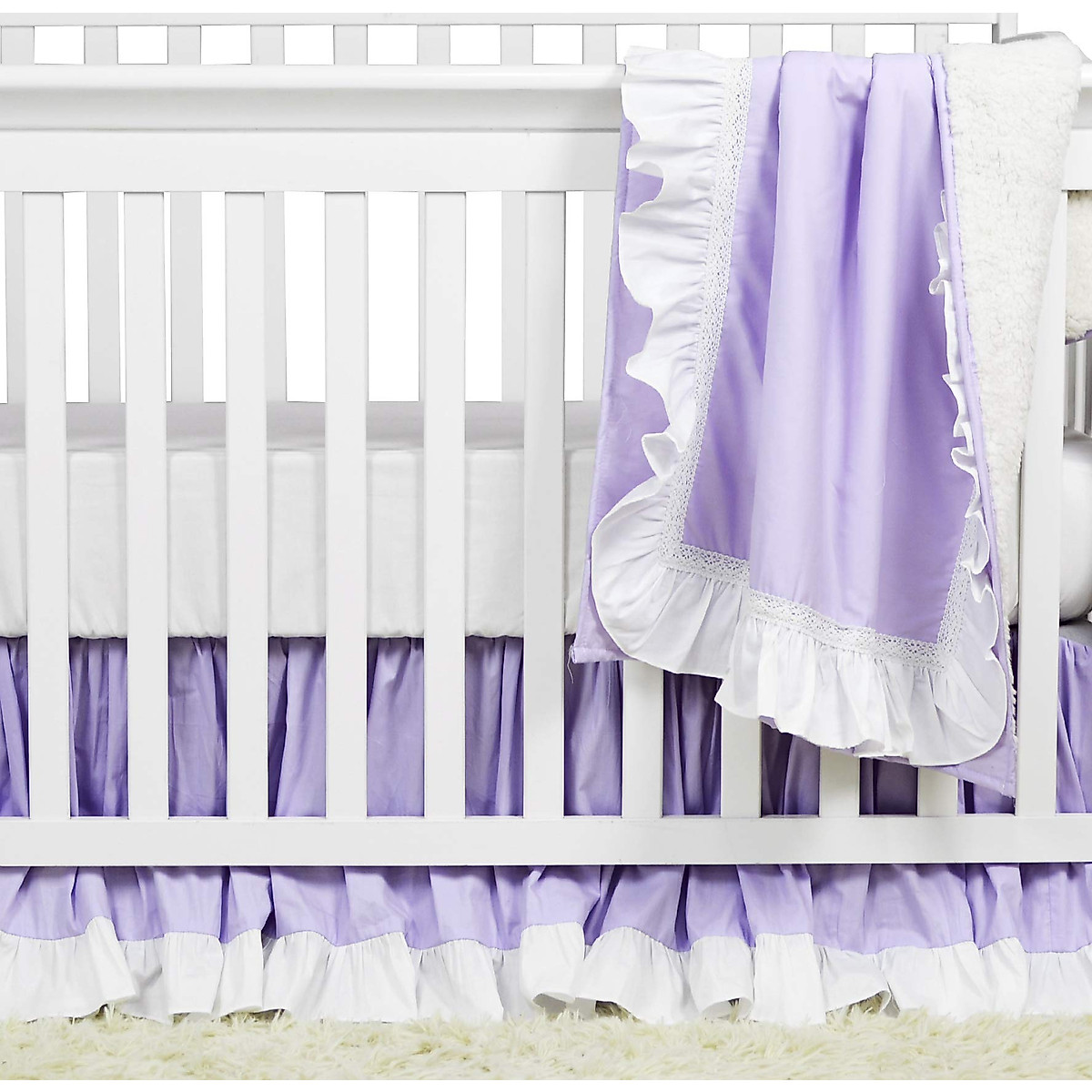 Brandream Girls Crib Bedding Sets White Purple Luxury Baby Nursery Bedding 4 Piece Ruffle Comforter Blanket Set, 100% Cotton