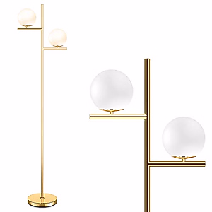 Mid Century Floor Lamp - 2 Globe Modern Standing Lamp with Foot Pedal, Frosted Glass Stand Up Lights for Living Room, Bedroom, Office, Contemporary LED Antique Brass|Gold Tall Pole Light Indoor