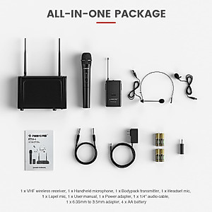 Phenyx Pro Wireless Microphone System, VHF Wireless Mic Set with Handheld Microphone/Bodypack/Headset/Lapel Mics, Stable Signal, Cordless Mic for Singing, Karaoke, Church, DJ (PTV-1B)