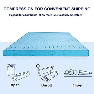 subrtex 4 Inch Memory Foam Mattress Topper Queen Gel-Infused Cooling Pad Pressure Relief Ventilated Bed Mattresses Topper, CertiPUR-US Certified Blue