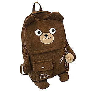 Aoakva Kawaii Bear Corduroy Backpack Cute for Teen Girl Boy Middle School Large Size (Brown)
