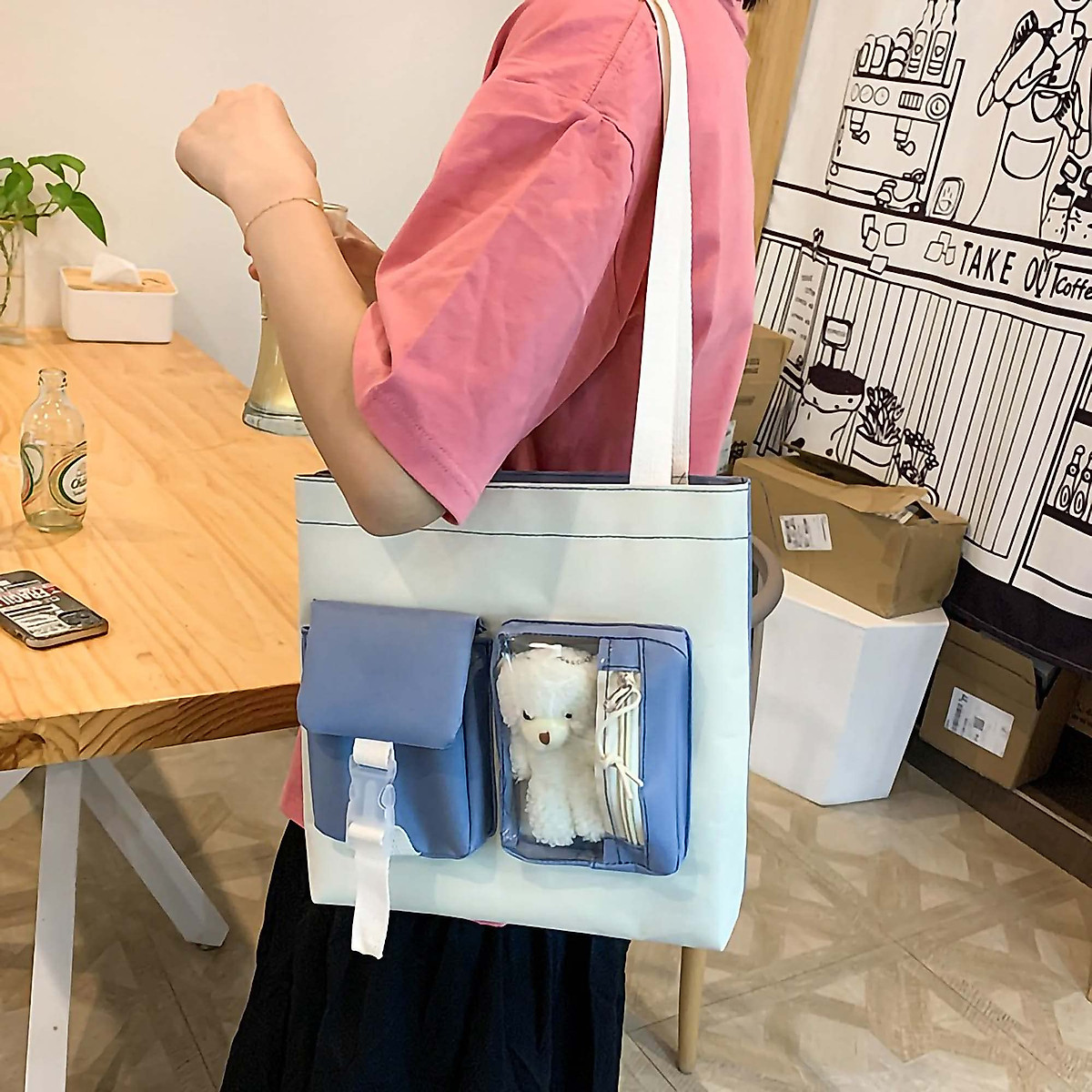 Kawaii Backpack 5Pcs Set Aesthetic School Bags 17in Cute Bookbag with Badge&Pendant,Shoulder Bag,Pencil Box,Tote Bag,Small Bag Blue