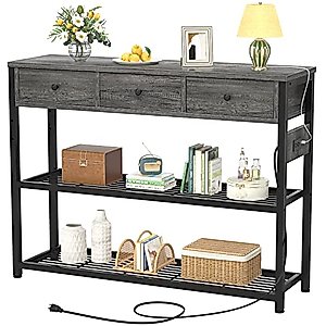 Ecoprsio 47'' Entryway Table with Outlets and USB Ports, Console Table with 3 Drawers, Sofa Table Narrow Long with Storage Shelves for Living Room, Couch, Hallway, Foyer, Kitchen Counter, Grey