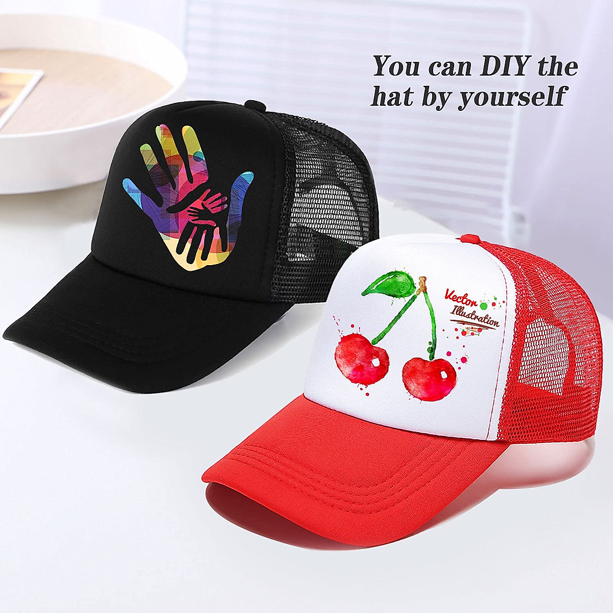 Ultrafun Unisex Sublimation Blank Mesh Baseball Cap Polyester Mesh Trucker Hat (Black White)