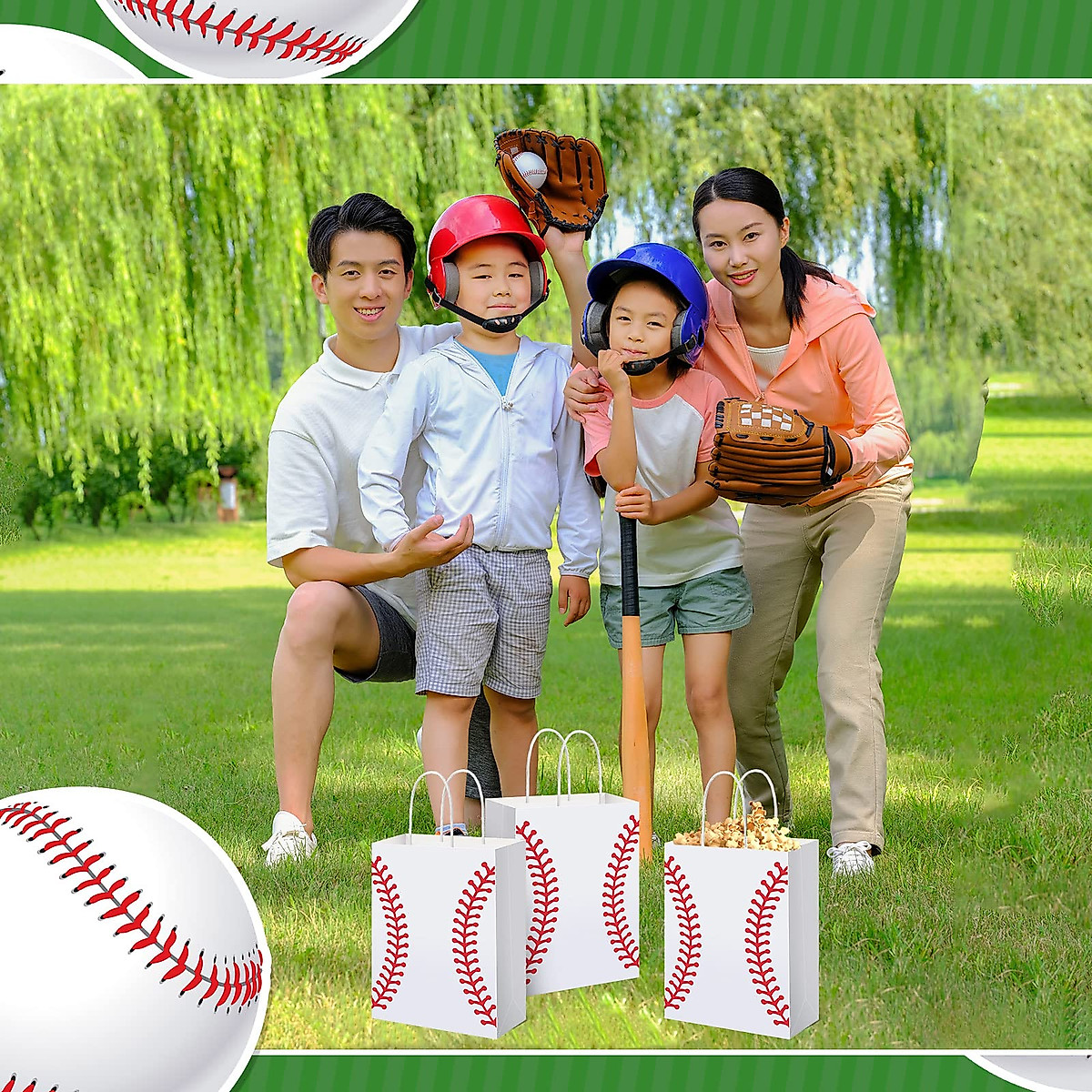 100 Pieces Baseball Paper Gift Bags with Handle Baseball Goody Candy Bags Treat Bags for Baseball Party Favors Birthday Party Gift Wrapping Supplies