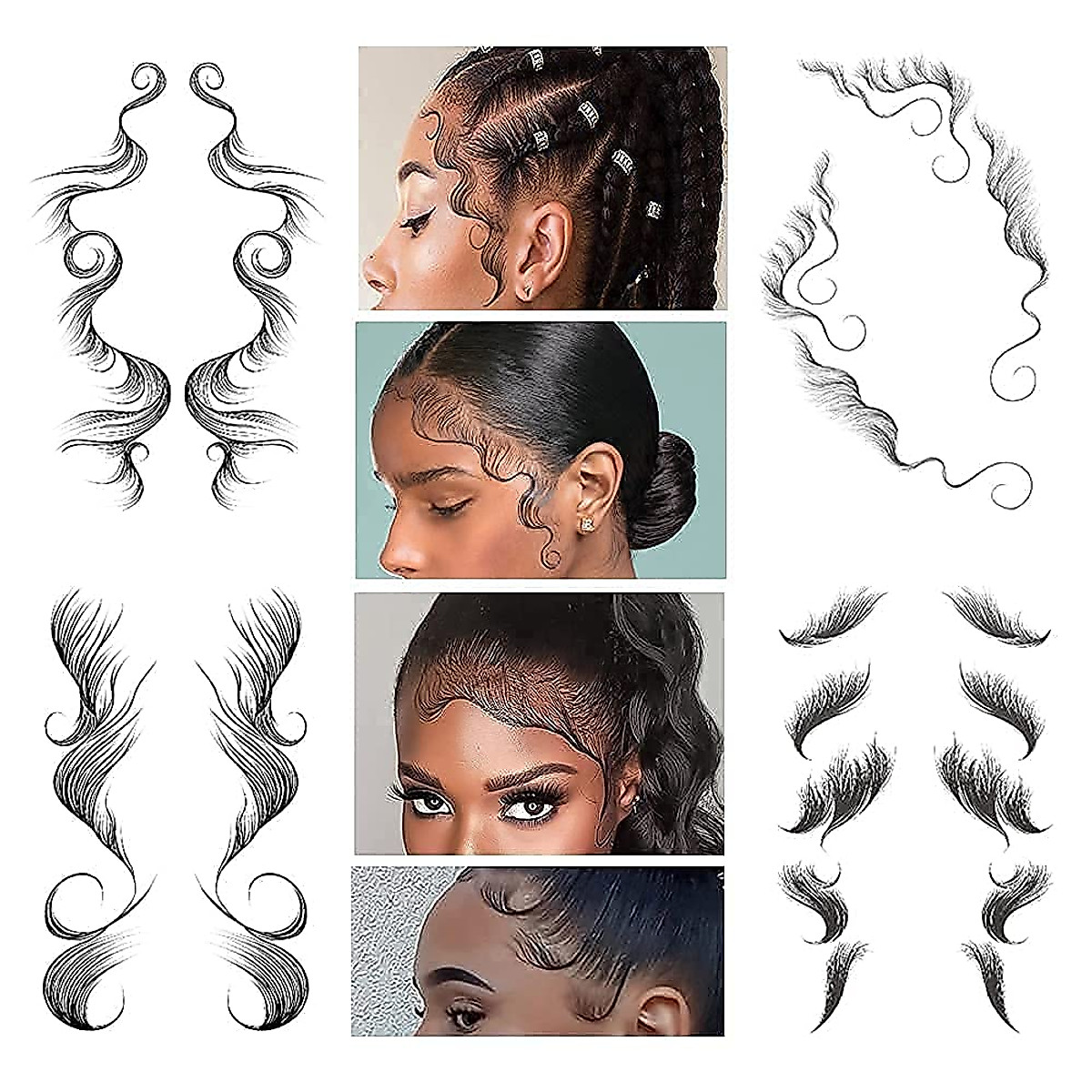20 Sheets Baby Hair Tattoo Stickers 20 Styles Tattoo Edges for Hair Fake Hairline Stickers Temporary Waterproof Lasting Curly Hair DIY Salon Hairstyling Template Makeup Tool (7x 4.3inch)