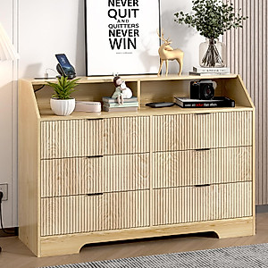 Dresser for Bedroom Wood 6 Drawer Dresser with Charging Station, Accent Fluted Drawer Dresser Bedroom Dresser, Wooden Chest of Drawers Mid Century Modern Storage Dressers Chest for Living Room