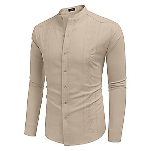 COOFANDY Men's Linen Beach Shirt Shirts Casual Long Sleeve Button Down Linen Cuban Camp Collarless Solid Shirt Khaki