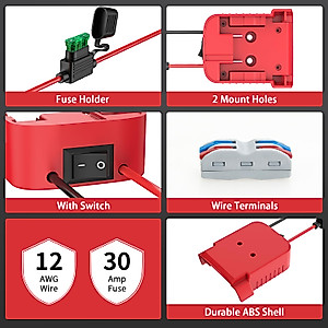Kzreect Power Wheels Adapter for Milwaukee M18 Battery Adapter, 18V Power Wheels Battery Converter Kit with Fuses Holder and Switch, Wire Terminals, 12AWG Wire for DIY (1-Pack)