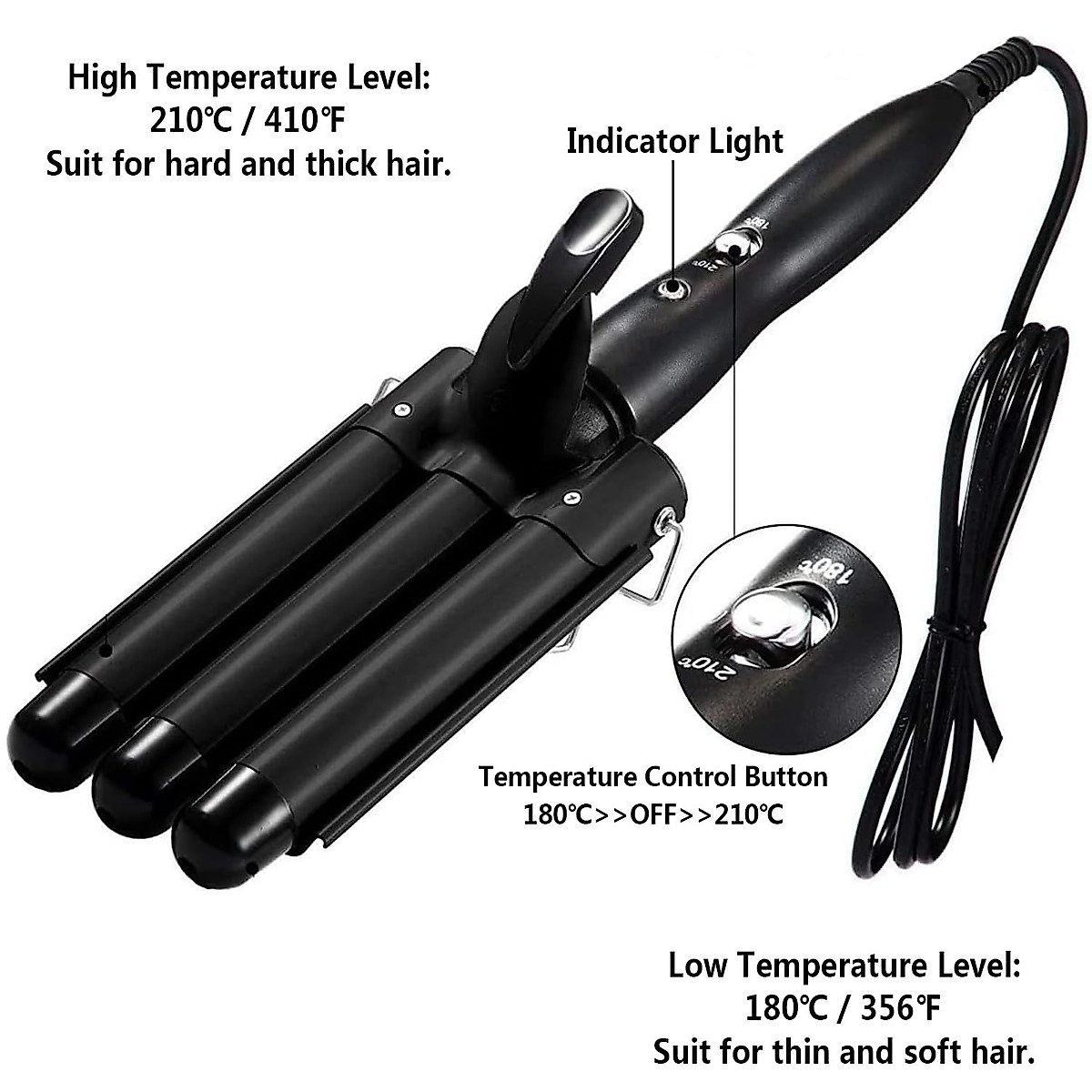 Coidak Hair Waver, 1 Inch 3 Barrel Curling Iron Wand 25mm Hair Crimper, Temperature Adjustable Heat Up Quickly Beach Wave Curling Iron Black