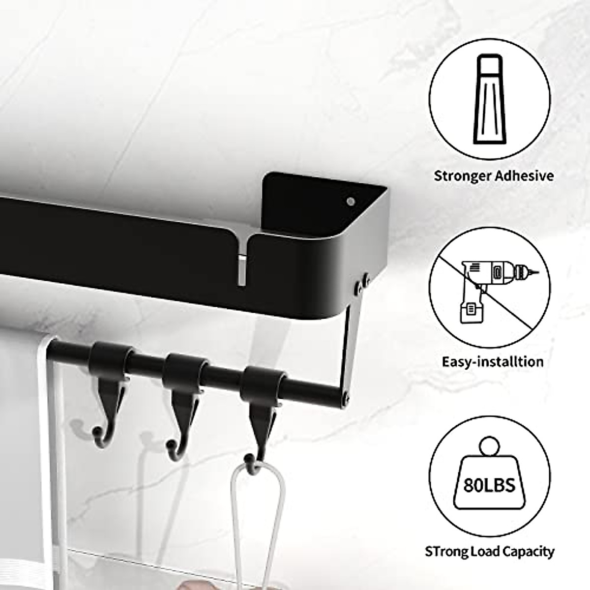 RCHYFEED 15.6”Shower Caddy with Towel Bar, Shower Organizer Adhesive,Metal Rustproof Bathroom Shower Shelf Rack with Hook, Drilling-Free Self Adhesive Storage Shelf for Bathroom & Kitchen(Black)