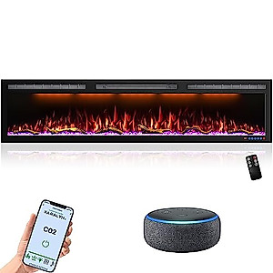 Mystflame 72 Inch WiFi-Enabled Electric Fireplace Inserts & Wall Mounted, Slim Electric Fireplace Heater, 750/1500w, Adjustable Flame Color, Remote Control & Touch Screen, Logs & Crystals, Black