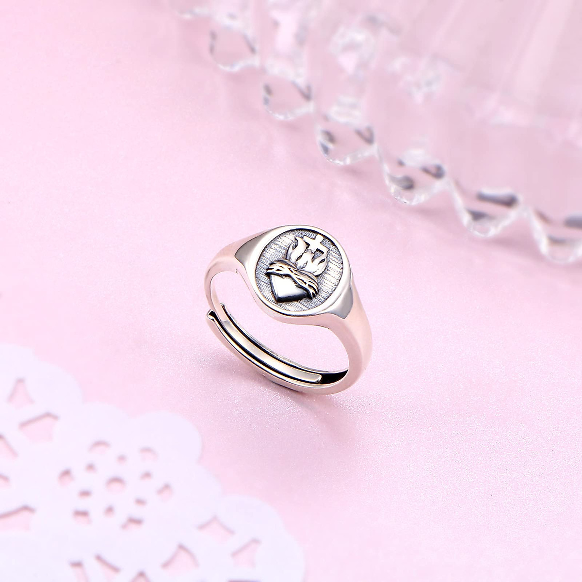 FLYOW S925 Sterling Silver Flaming Sacred Heart Rings Catholic Faith Charm Women Signet Ring Adjustable Love of God Thorn Jewelry Easter Gifts (8)