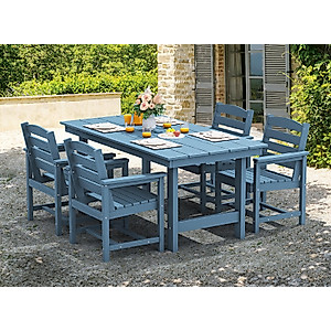 SERWALL 7-Piece Patio Dining Table Sets, Outdoor HDPE Dining Furniture Set with Umbrella Hole Cut-Out Table and 6 Chairs, Blue