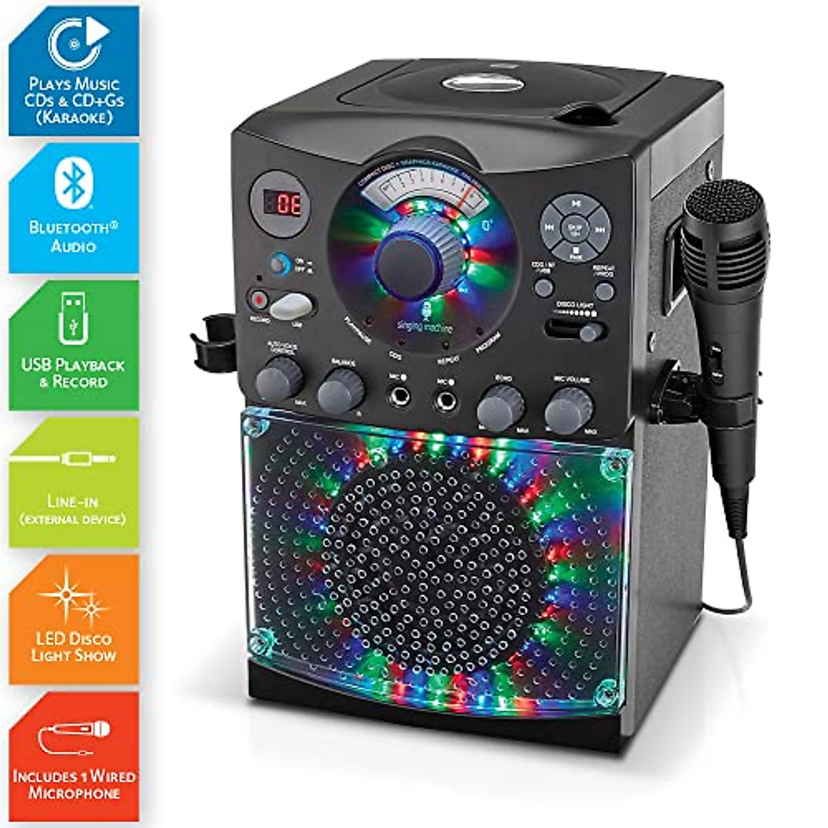 Singing Machine SML385UBK Bluetooth Karaoke System with LED Disco Lights, CD+G, USB, and Microphone, Karaoke Machine for Kids and Adults, Black [Amazon Exclusive]