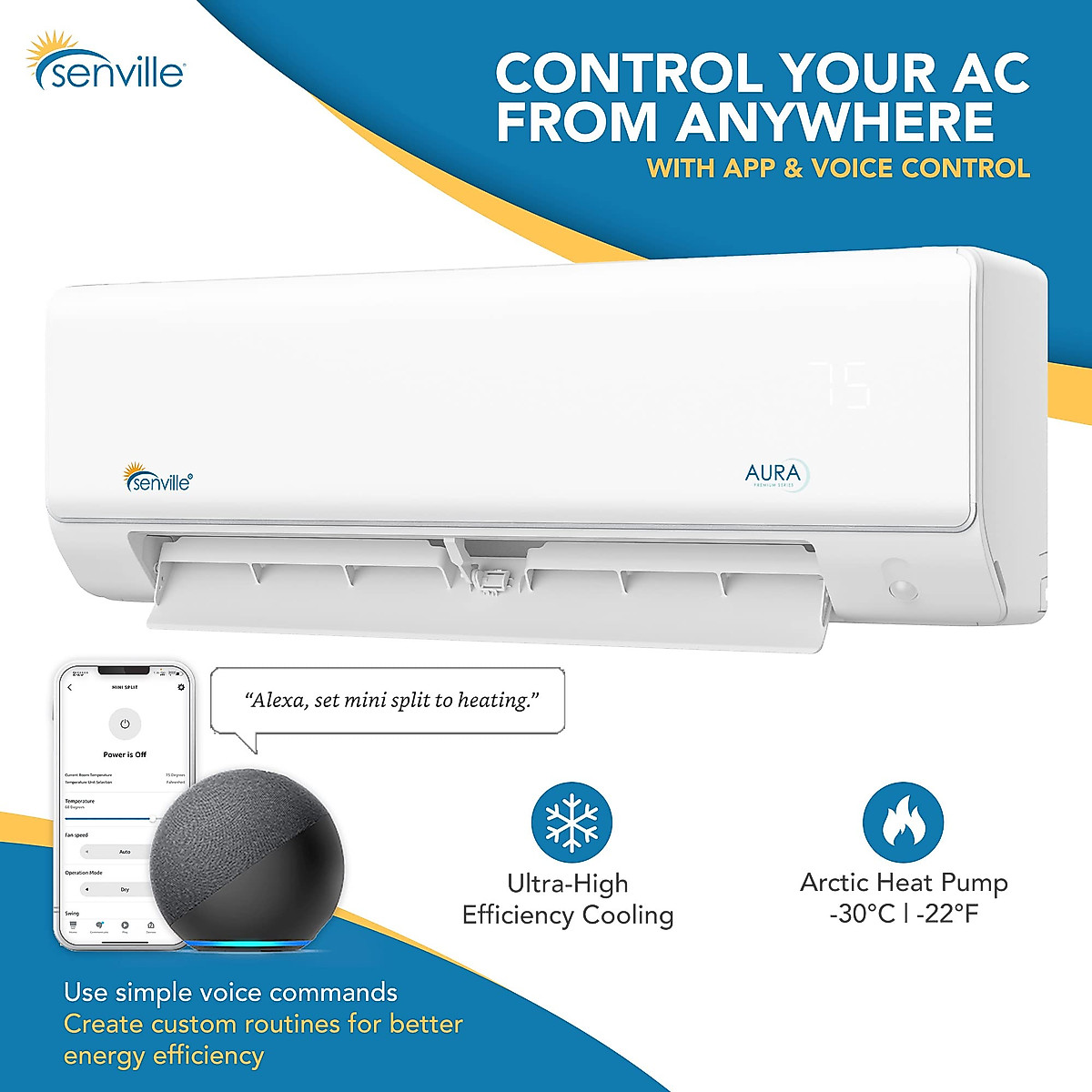 Senville AURA Series Mini Split Air Conditioner Inverter Heat Pump, 24000 BTU, Works with Alexa, Energy Star, White