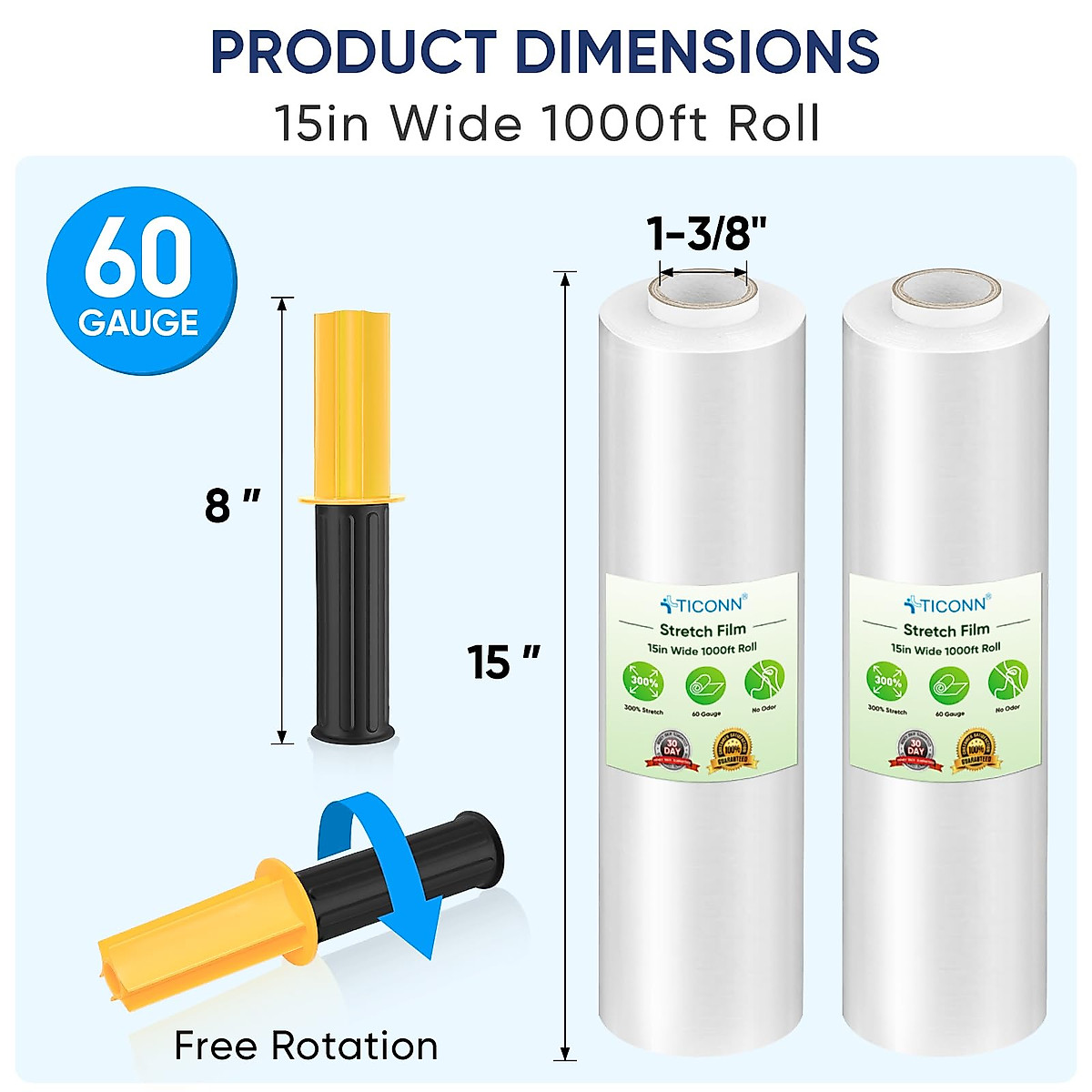 TICONN Stretch Wrap Stretch Film Roll, 1000ft 60 Gauge Industrial Strength 15 inch Wide Clear Plastic Wrap with Handles for Pallet Wrapping Shipping Moving