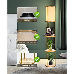 Floor Lamp with Big Shelves,3-Tier Golden Cylinder Shelf Floor Lamps with 3000K Warm Soft Brightness E26 LED Bulb (Included), Linen Shade Storage Wood Texture Modern Floor Lamp with Foot switch